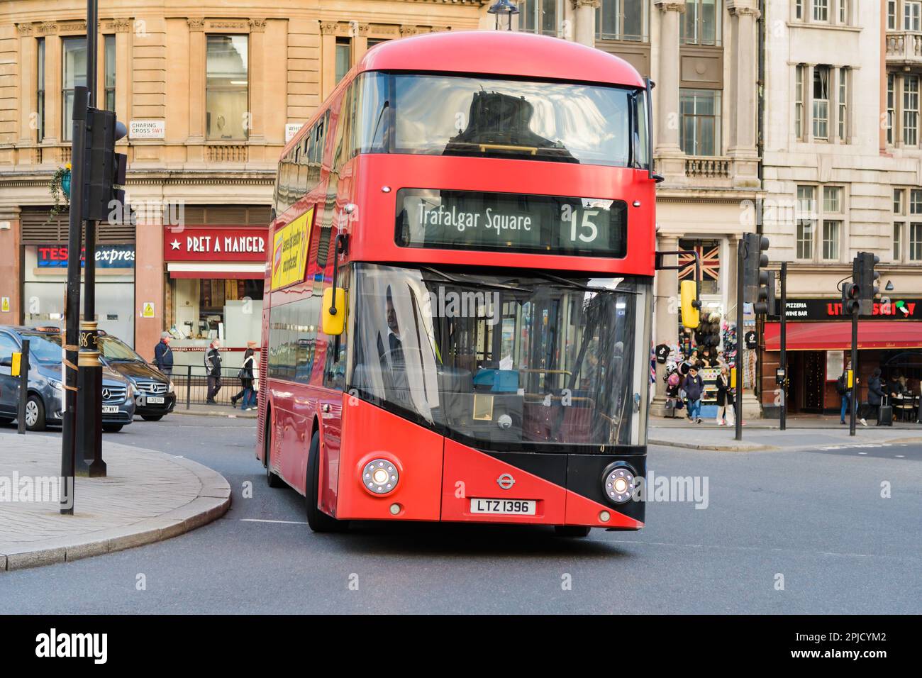 London, UK -February 27, 2023; London double decker bus leaning at ...