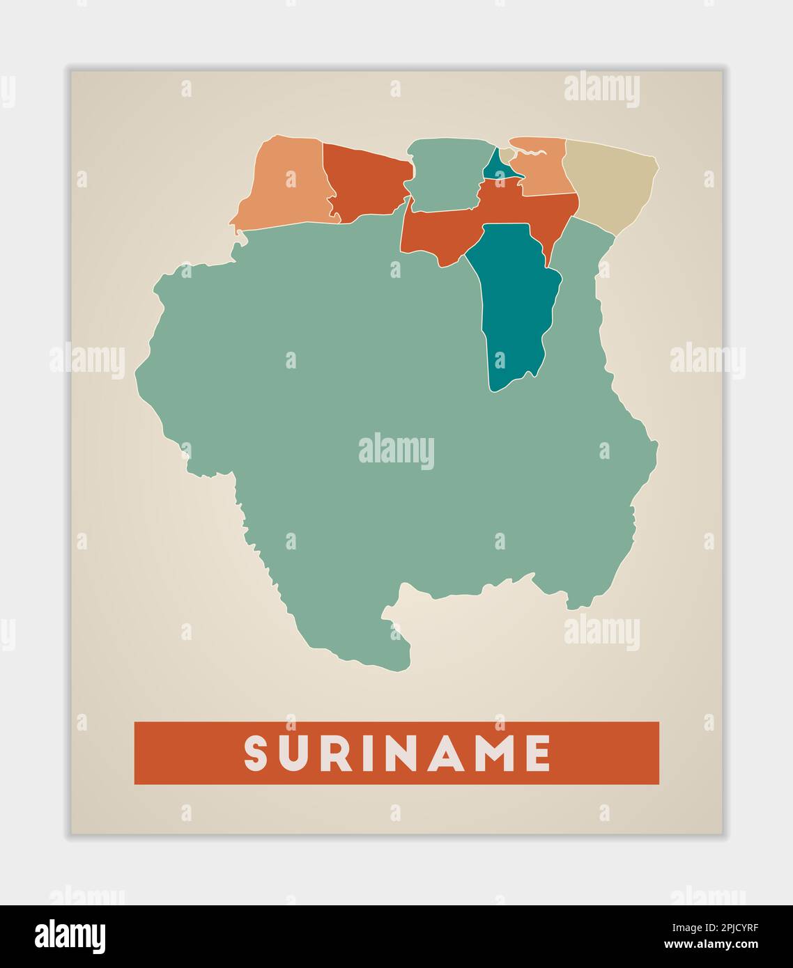 Suriname poster. Map of the country with colorful regions. Shape of ...