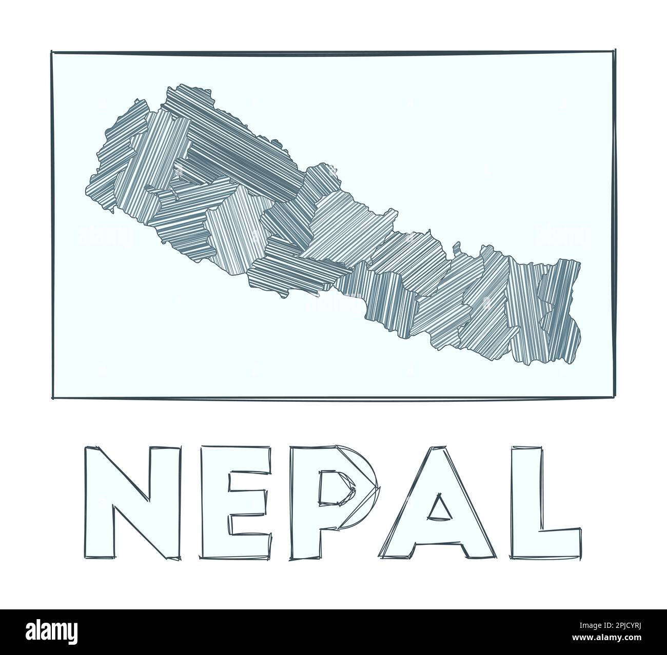 Sketch map of Nepal. Grayscale hand-drawn map of the country. Filled ...