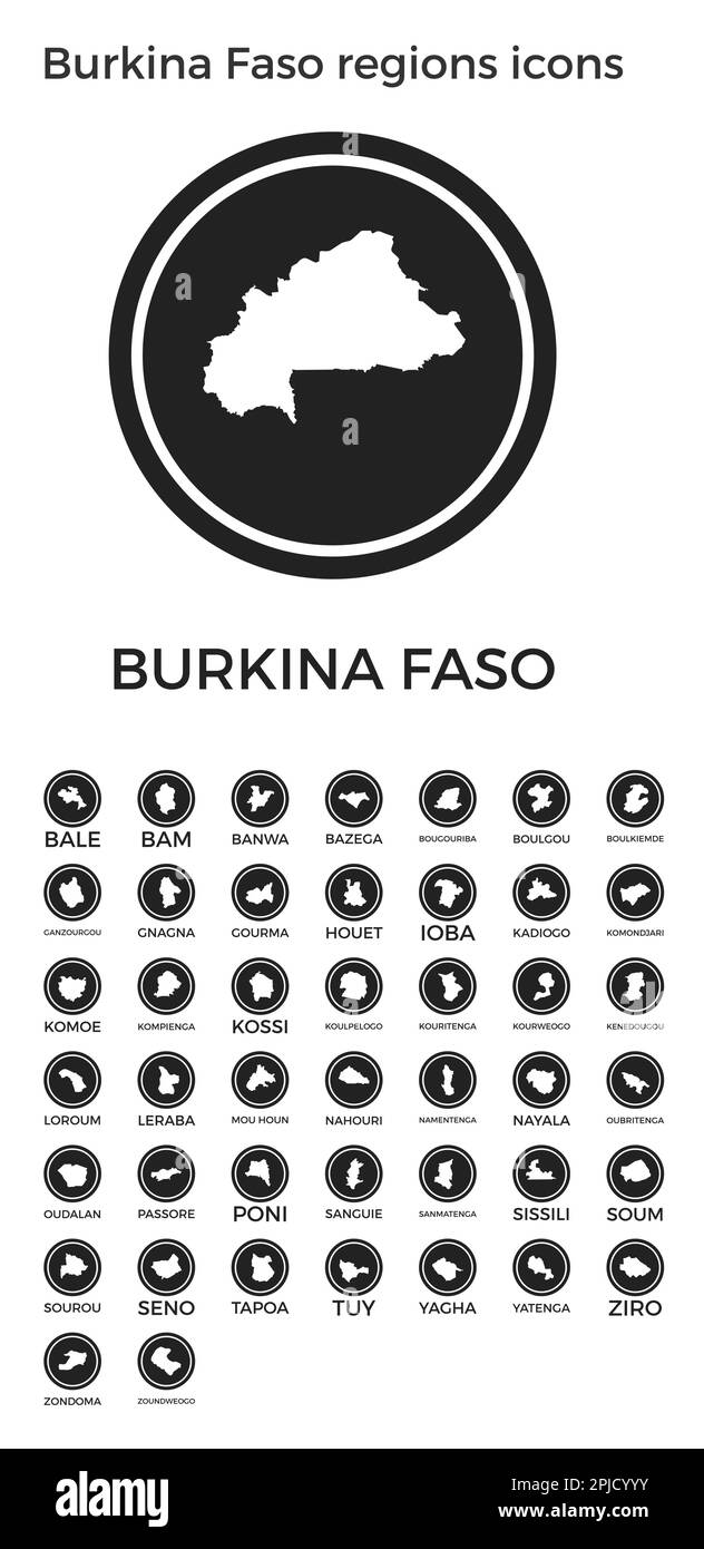 Burkina Faso regions icons. Black round logos with country regions maps ...