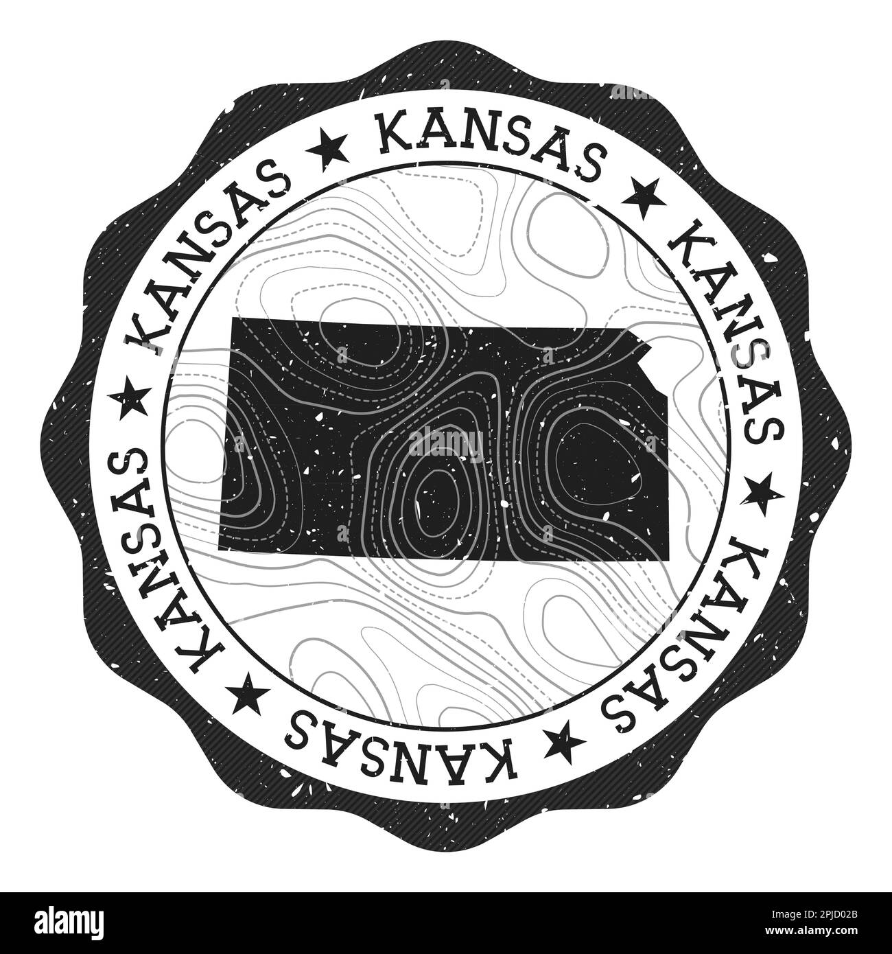 Kansas outdoor stamp. Round sticker with map of US state with topographic isolines. Vector ...