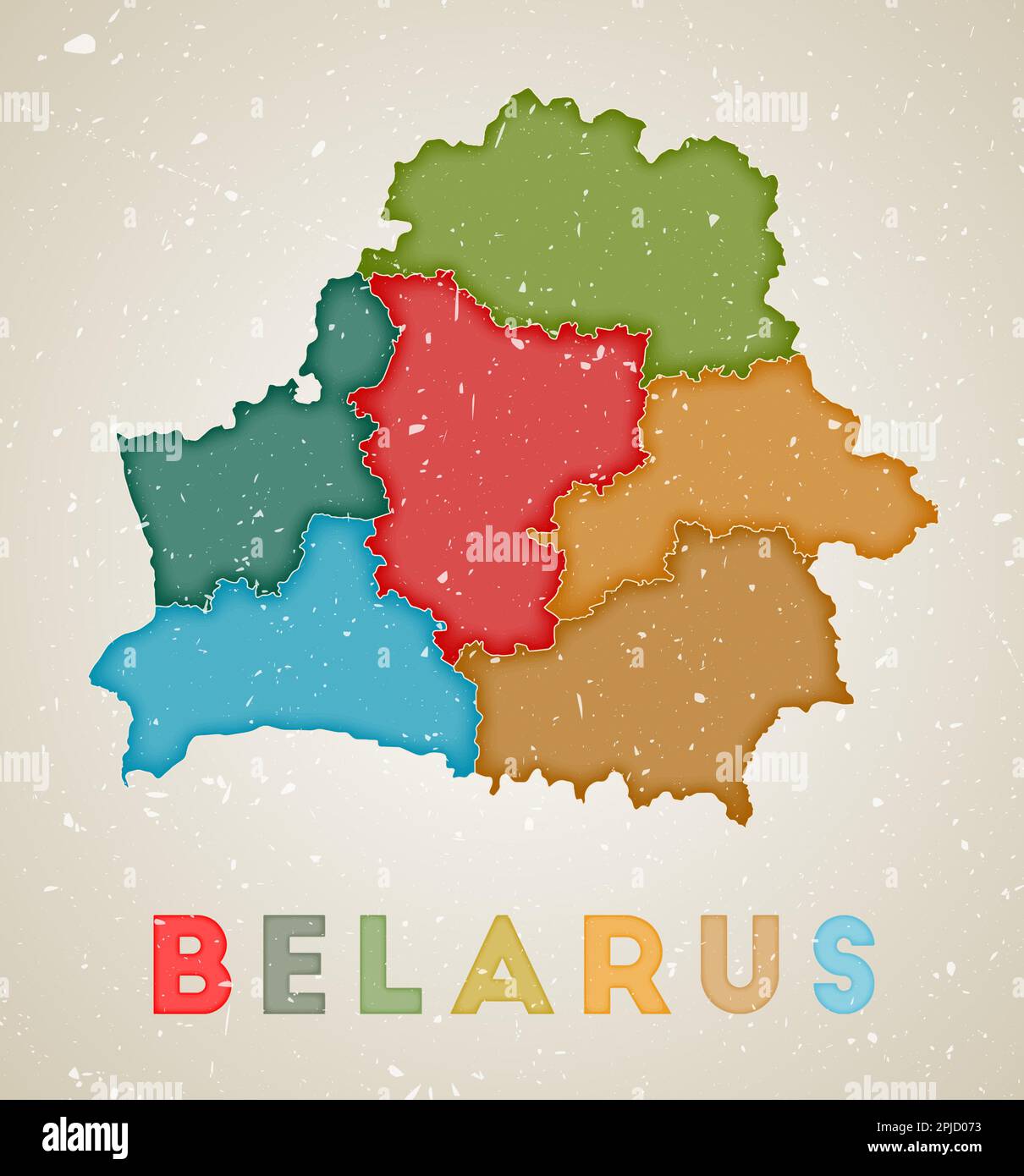 Belarus map. Country poster with colored regions. Old grunge texture ...