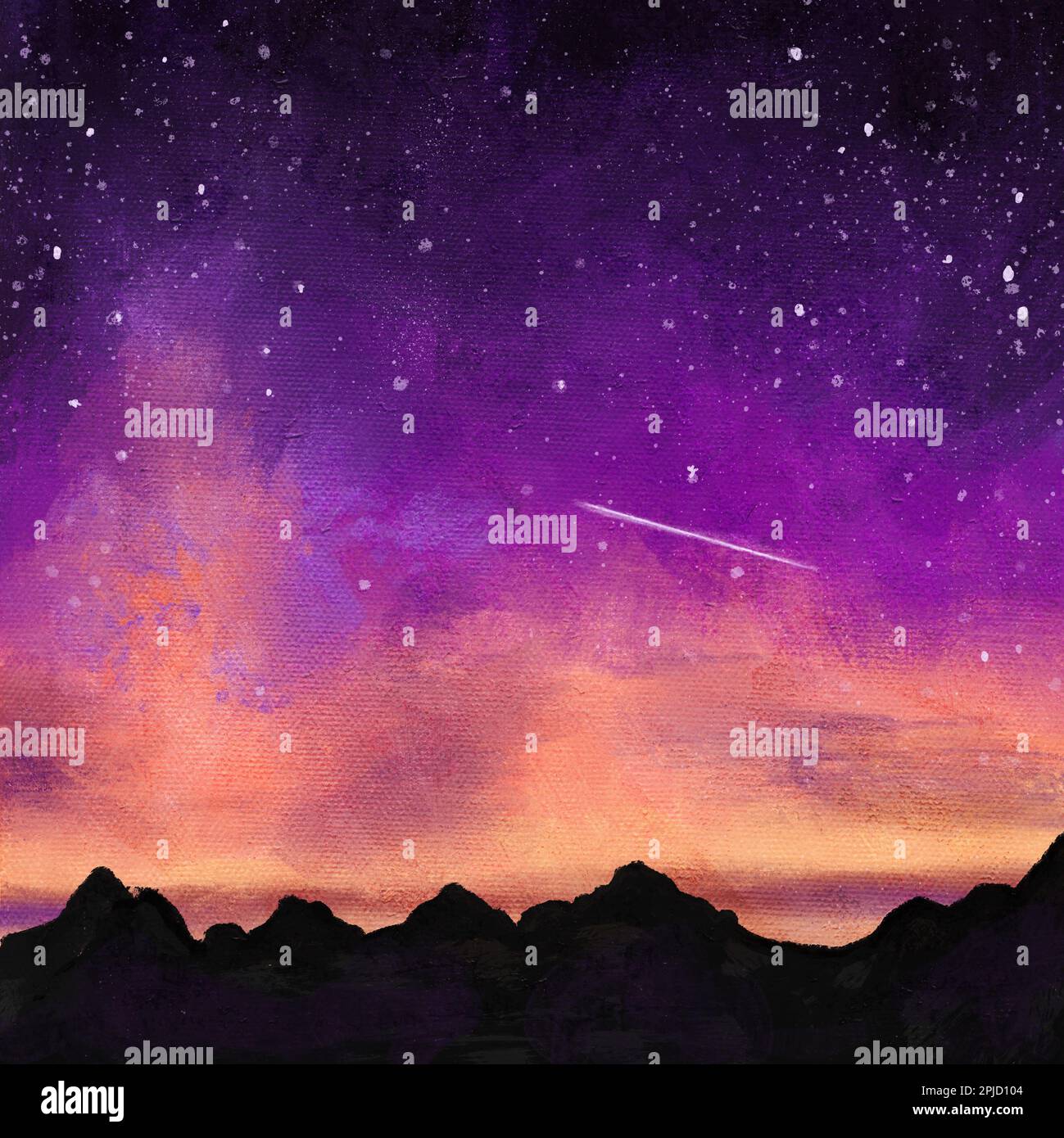 Hand drawn illustration of night sky mountains shooting star. Night ...
