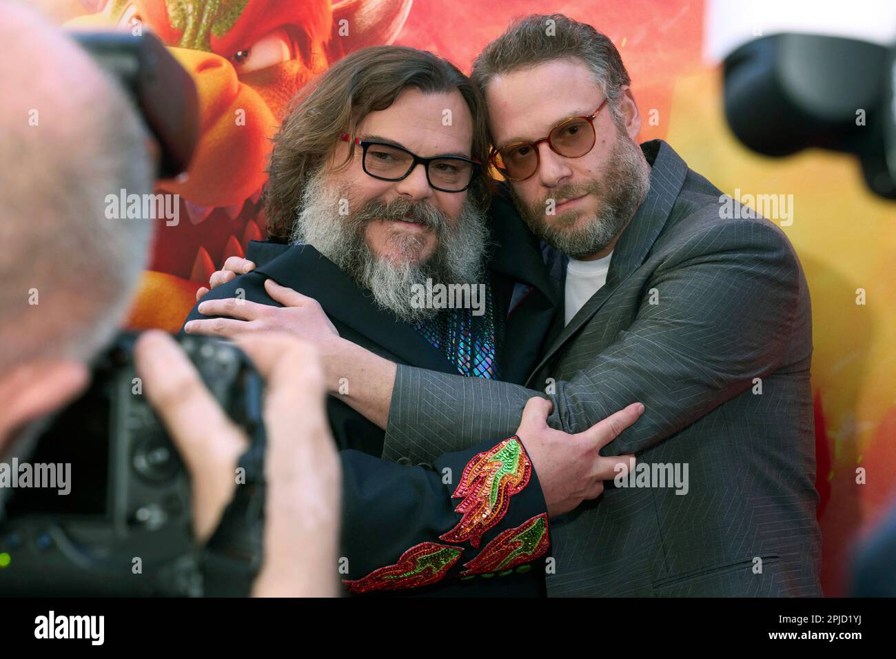 Jack Black, left, and Seth Rogan arrive at the premiere of "The Super ...