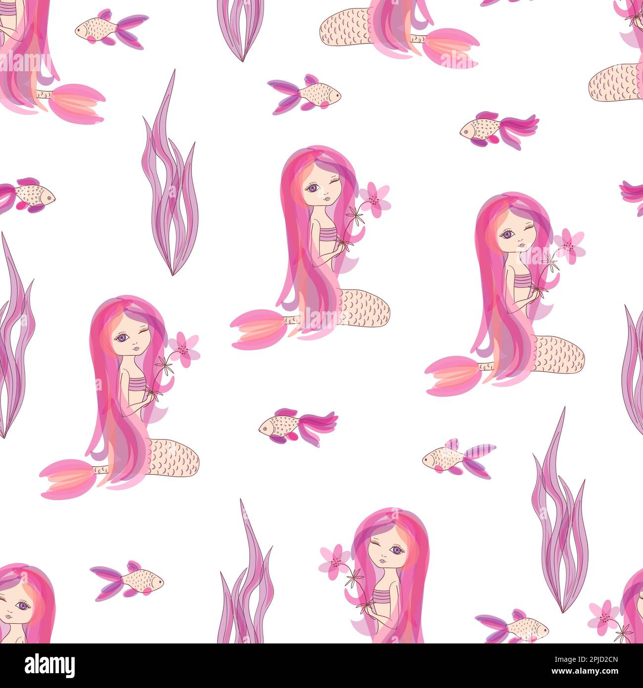 Cute little mermaids seamless pattern. Vector background for kids ...