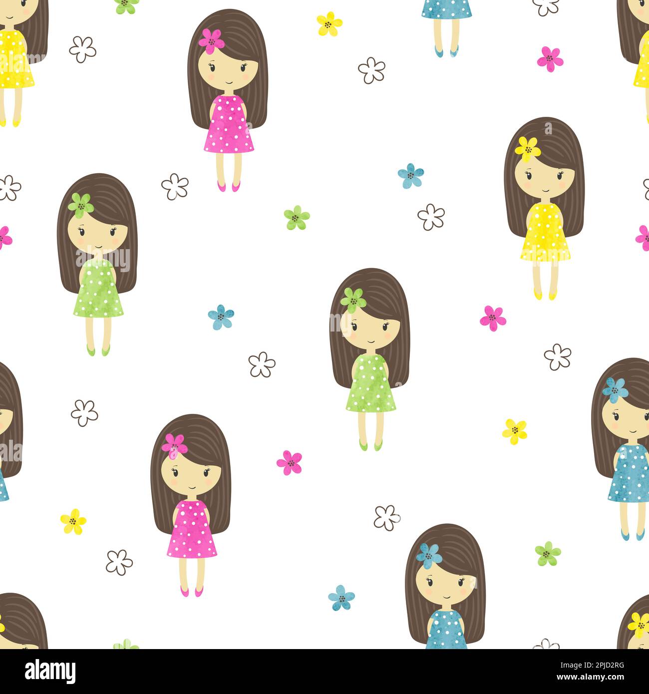 Seamless colorful pattern with cute cartoon little girls Stock Vector ...