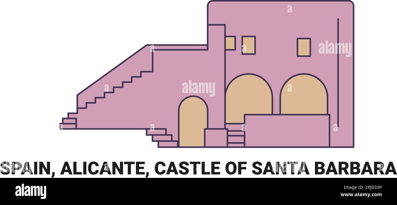 Spain, Alicante, Castle Of Santa Barbara, travel landmark vector ...