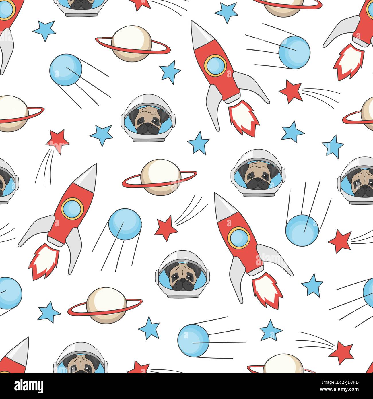 Seamless cartoon space pattern with rockets, stars and cute dogs astronauts. Vector background ...