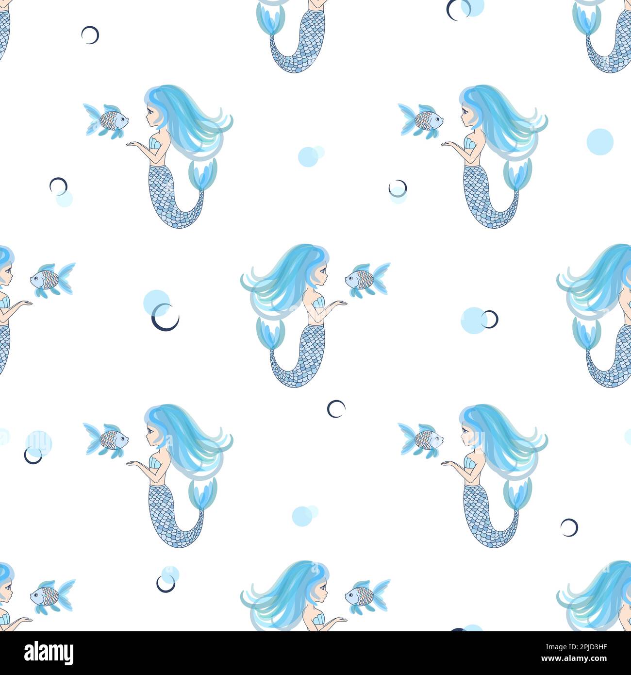 Cute little mermaids seamless pattern. Vector blue background for kids ...