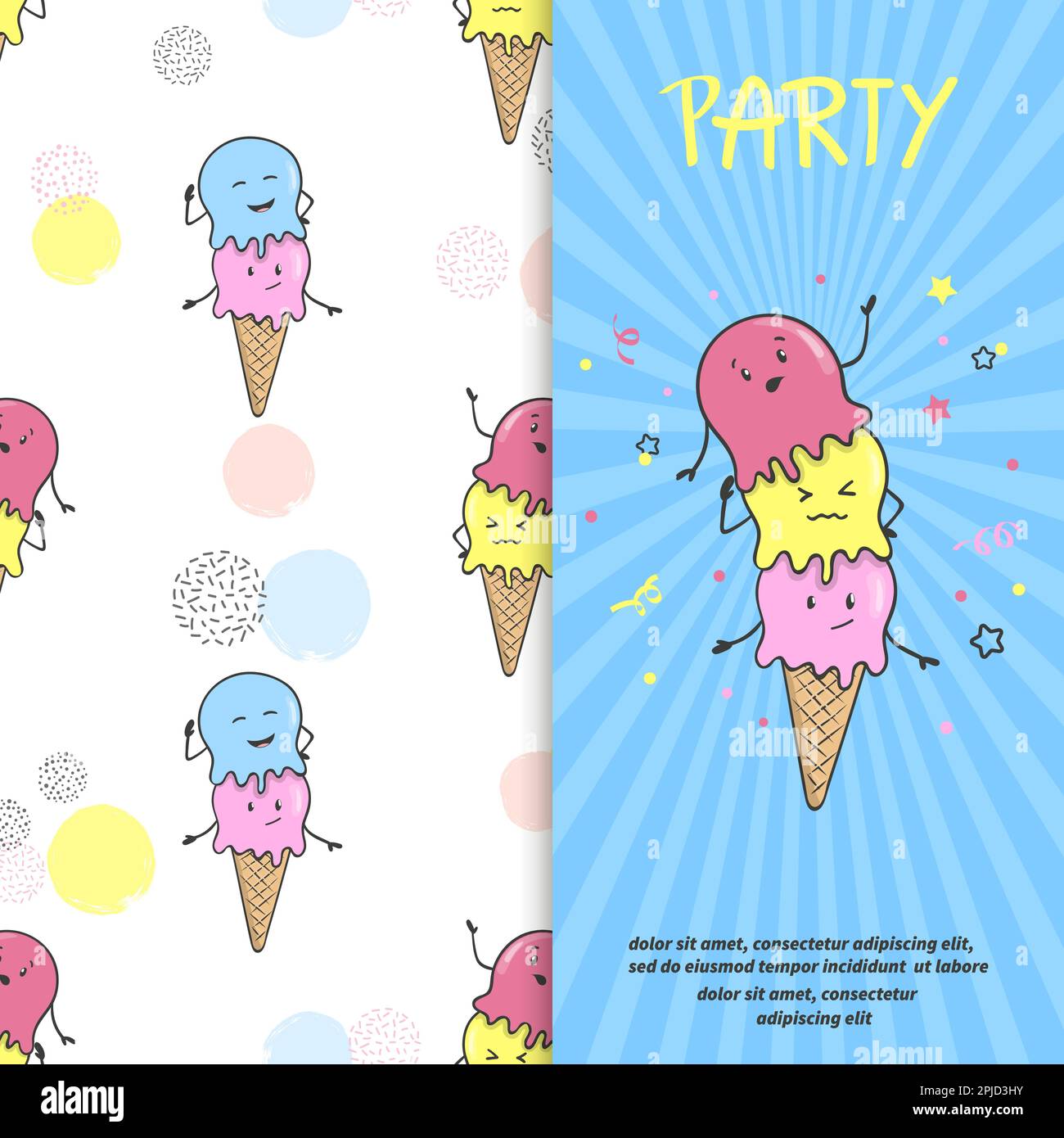 Ice cream party invitation or poster template. Vector cartoon ice cream ...