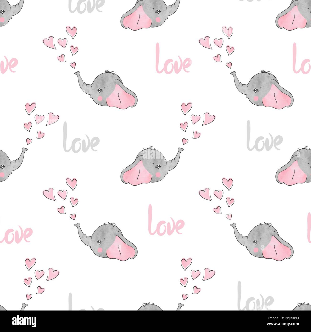 Seamless pattern with cute little elephants and hearts. Love background ...