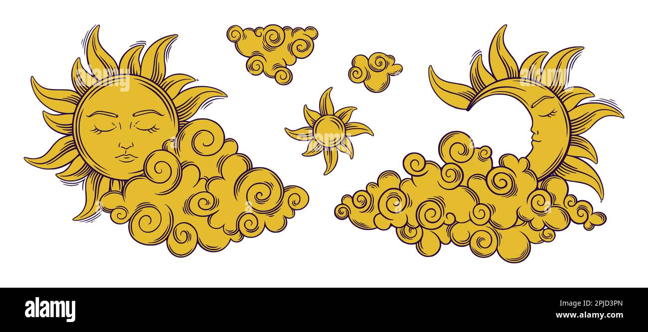 Tarot vintage sun behind cloud. Tarot sun with face and closed eyes ...