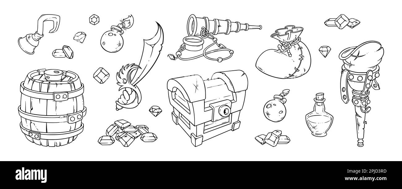 Pirate items set. Treasure chest, rum burrel, sack with coins and other ...