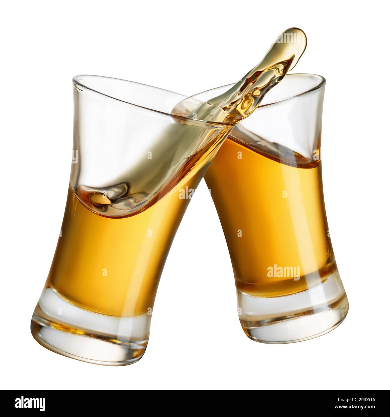 glasses shot of gold tequila making toast with splash isolated on white ...