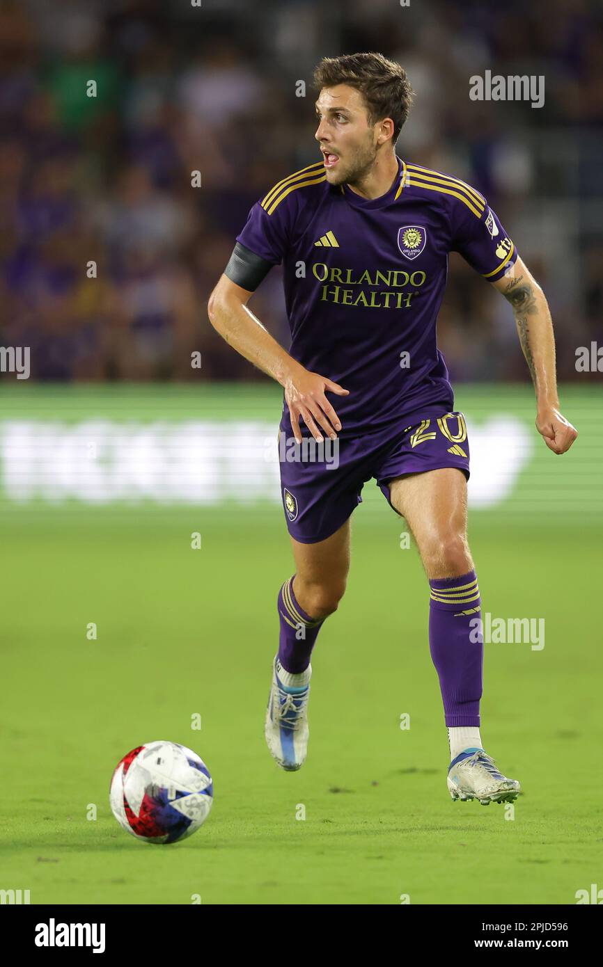 April 1, 2023: Orlando City midfielder LUCA PETRASSO (20) sets up a ...