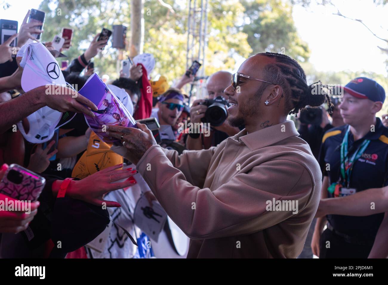 Melbourne, Australia, 2 April, 2023. Sir Lewis Hamilton signing ...