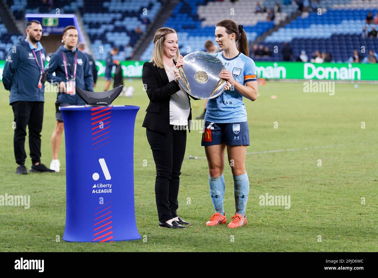 Natalie Tobin of Sydney FC accepts the Premier Plate after the match ...