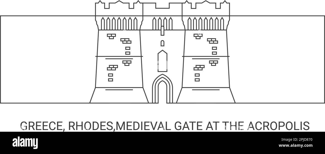 Greece, Rhodes,Medieval Gate At The Acropolis, travel landmark vector ...