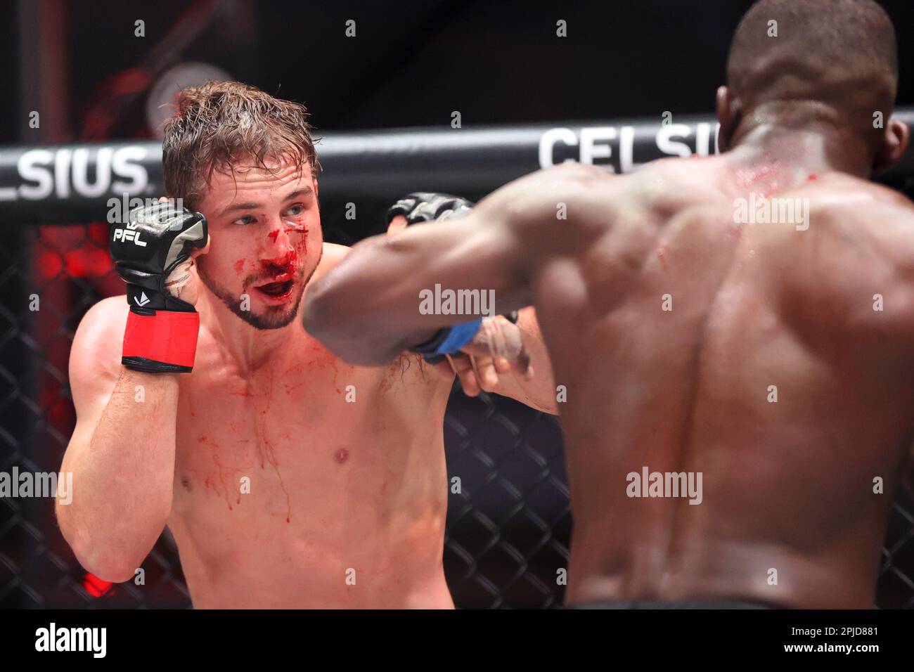 April 1, 2023: Light Heavyweight (R) Cory Hendricks looks for an ...