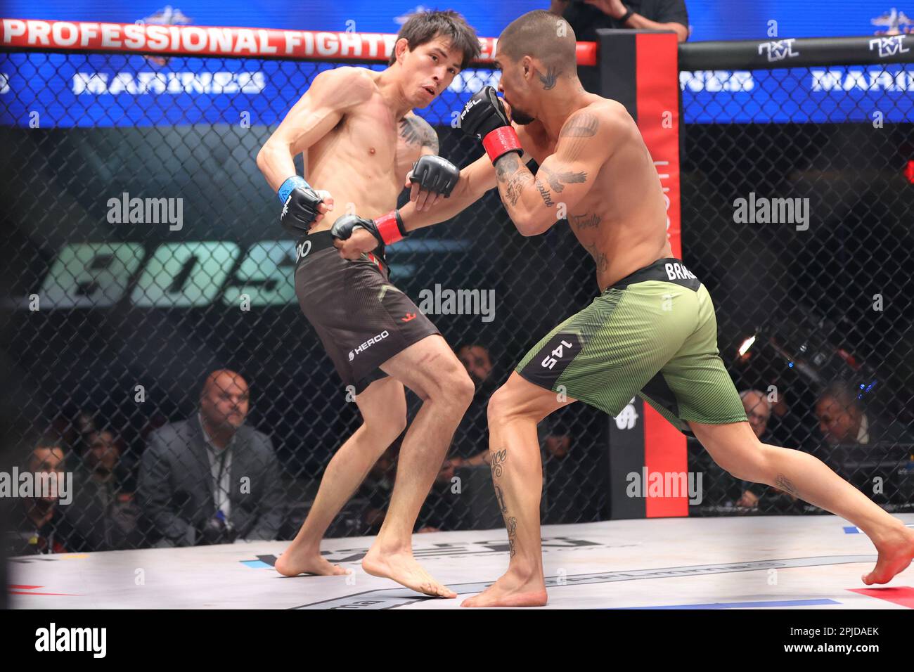 Las Vegas, NV, USA. 1st Apr, 2023. Featherweight (L) Jesus Pinedo avoid ...