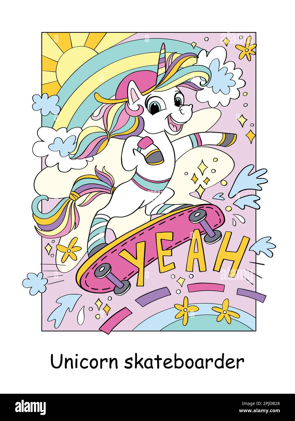 Cute happy and cool unicorn on a skateboard and lettering yeah. Cartoon ...