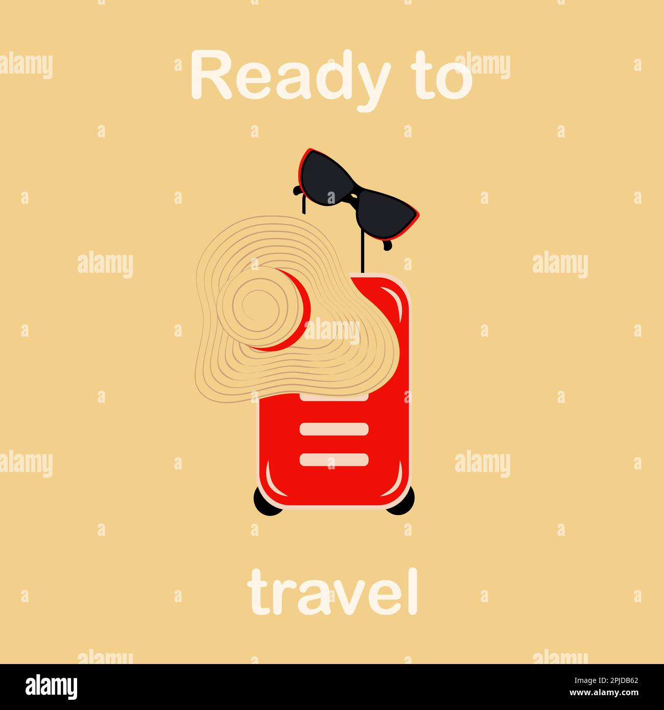 Design with suitcase, wide brimmed hat, sunglasses and lettering Ready ...