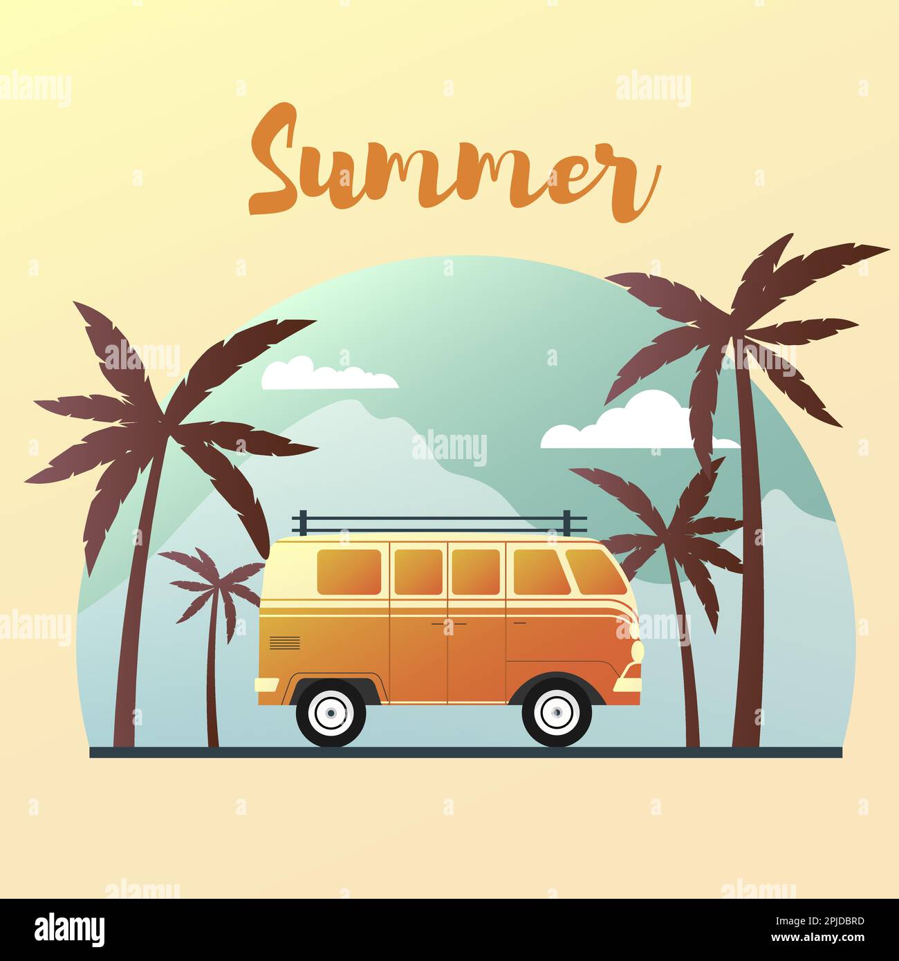 Print template with illustration of car, sun and palm trees. Summer ...