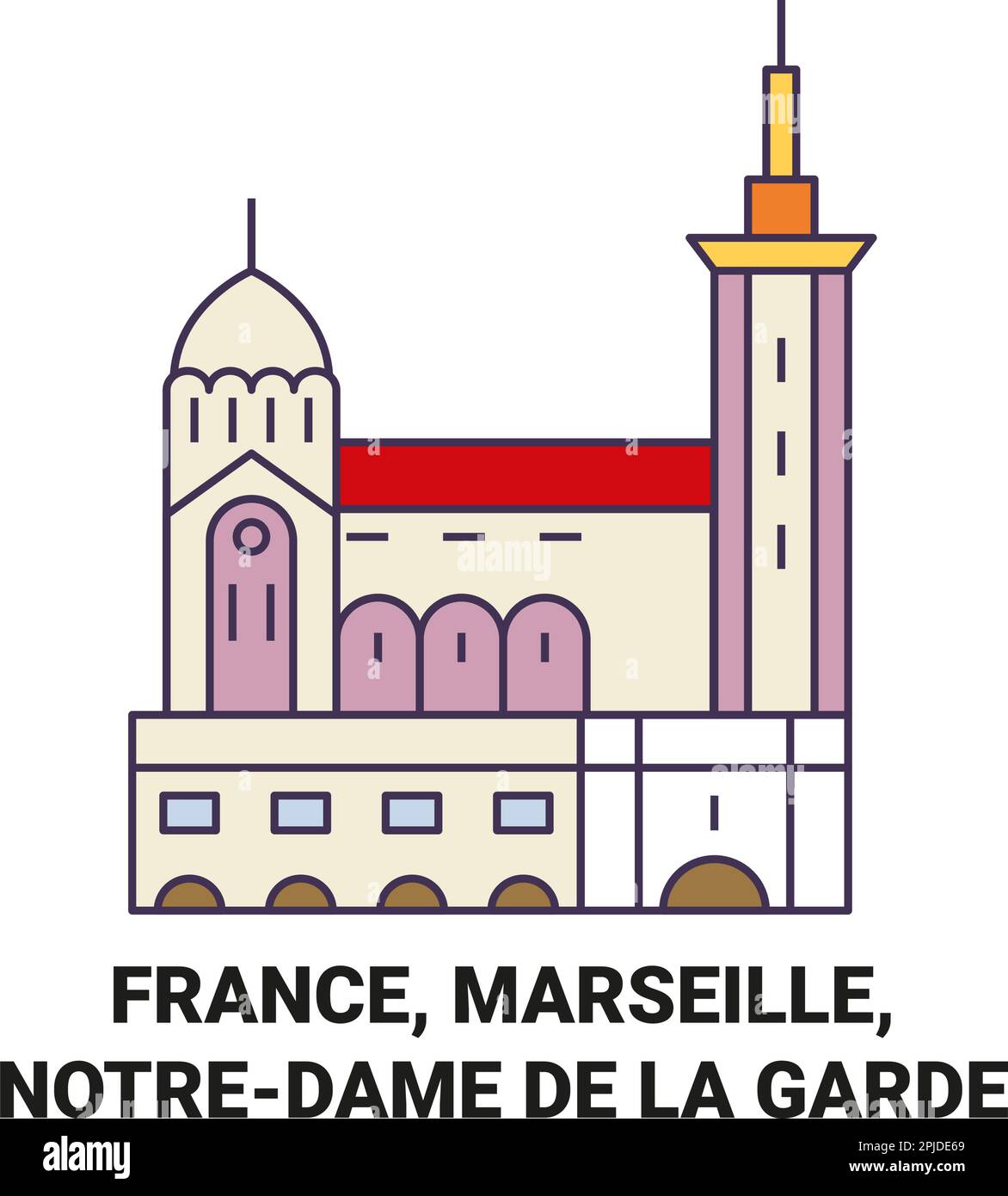 France, Marseille, Notredame De La Garde travel landmark vector illustration Stock Vector Image ...
