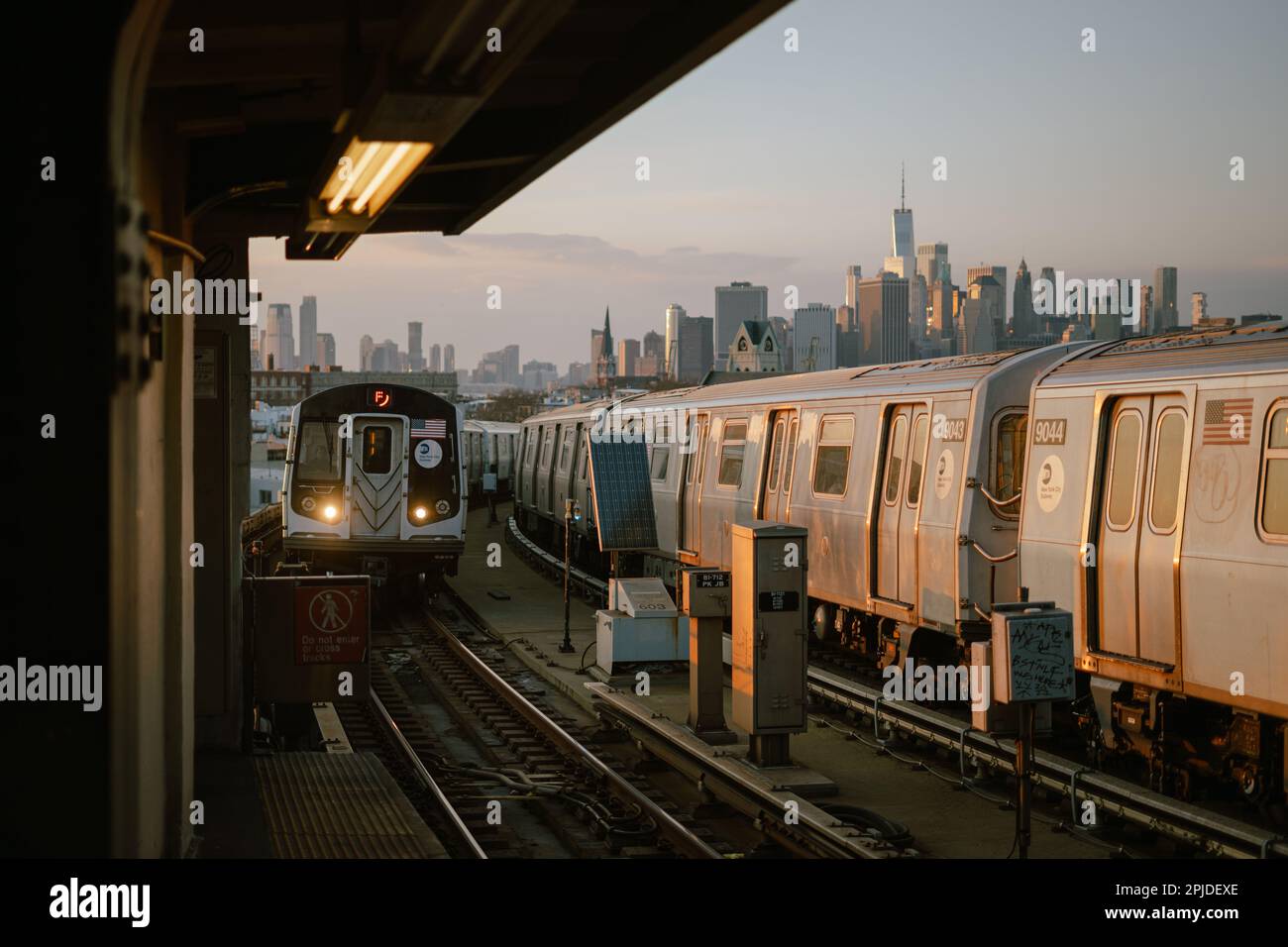 Trains on the platform at Smith-9th Streets station, Brooklyn, New York ...