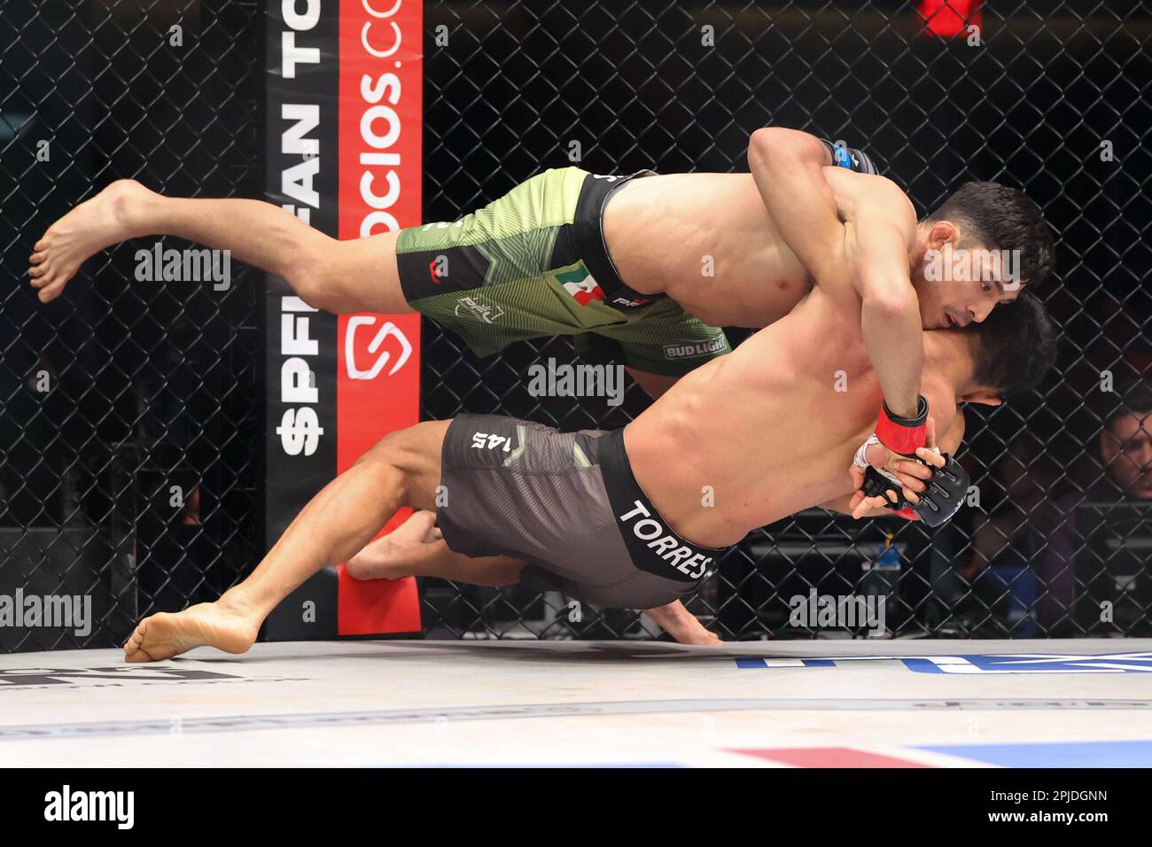 Las Vegas, NV, USA. 1st Apr, 2023. Featherweight (L) Alejandro Flores takes down (R) Daniel ...