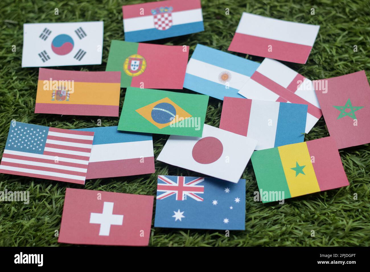 Leather soccer ball with international team flags of the participating ...