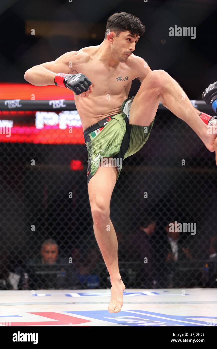 Las Vegas, NV, USA. 1st Apr, 2023. Featherweight (L) Alejandro Flores ...