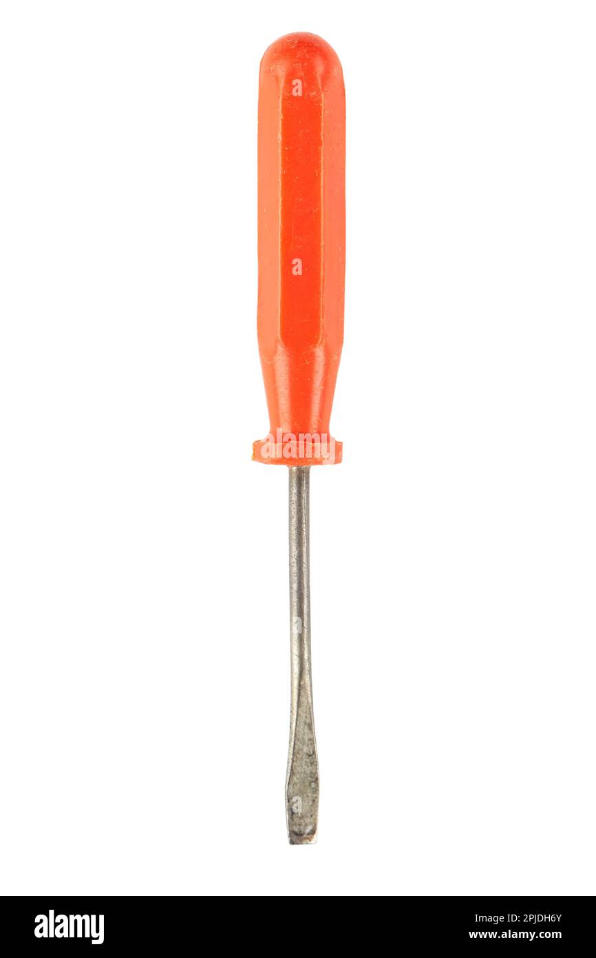 Orange flat head screwdriver isolated on white background. Work tool ...