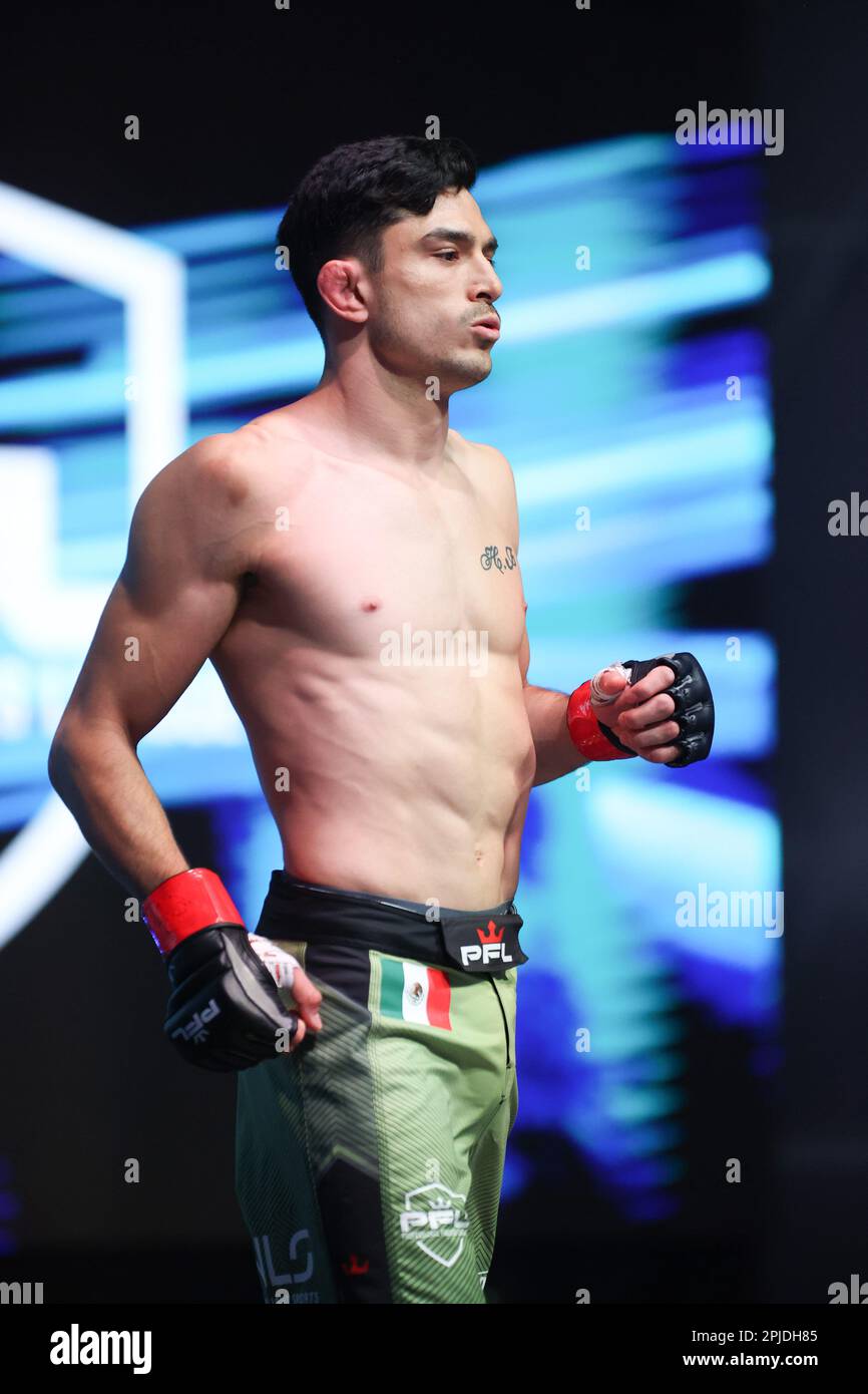 Las Vegas, NV, USA. 1st Apr, 2023. Featherweight Alejandro Flores walks ...