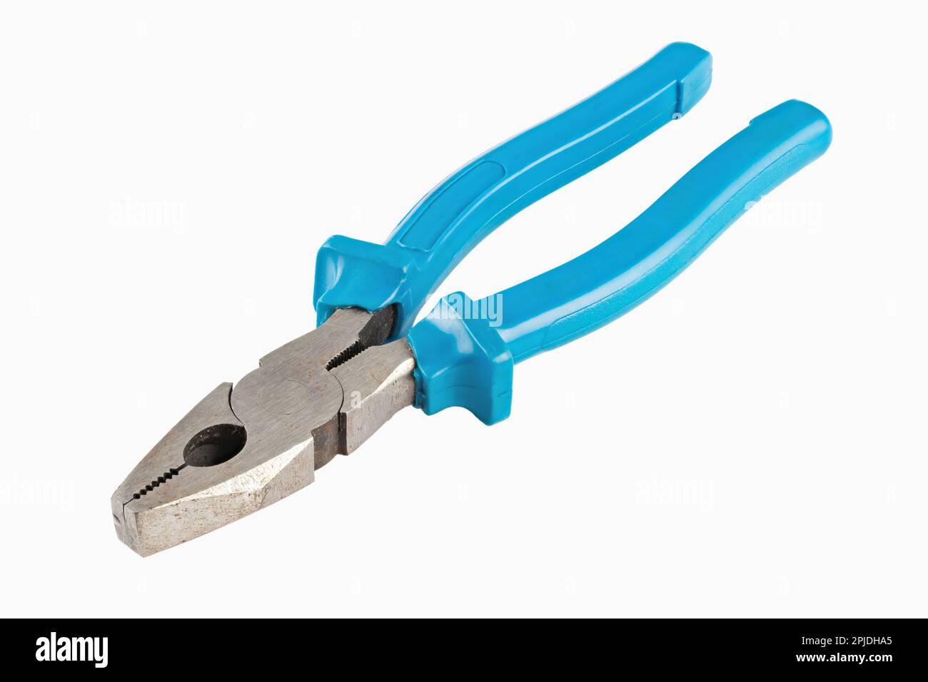 One new metal pliers with rubber handles blue color isolated on white ...