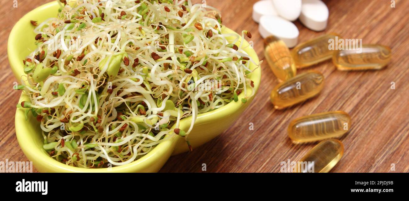 Radish sprouts and tablets supplements. Choice between healthy eating ...