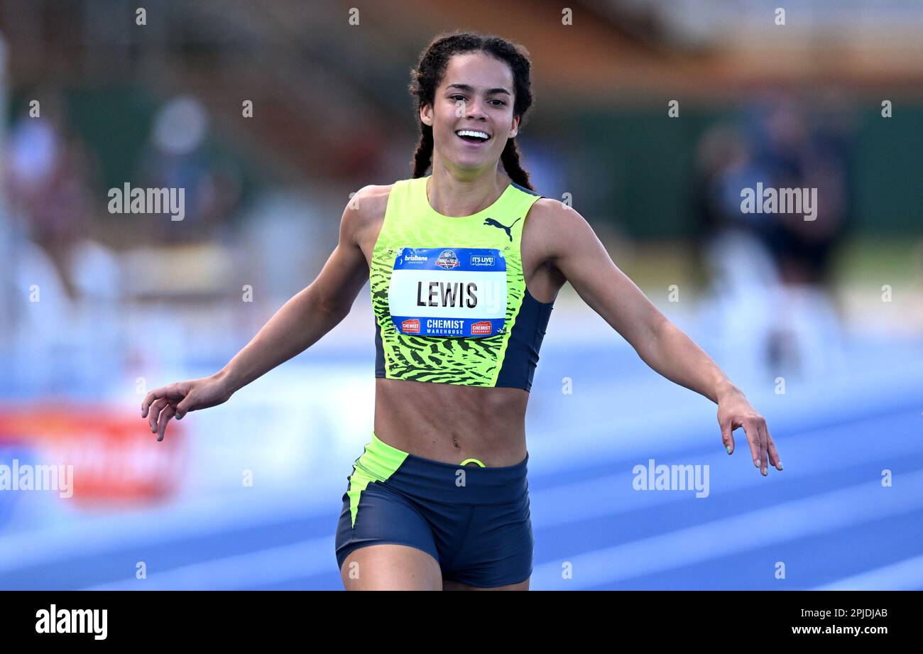 Torrie Lewis icelebrates winning the women’s 200 metres during the 2023 ...