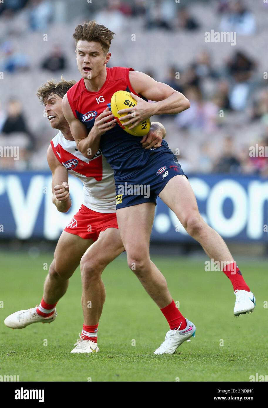 Bayley Fritsch of the Demons takes a mark during the AFL Round 3 match ...