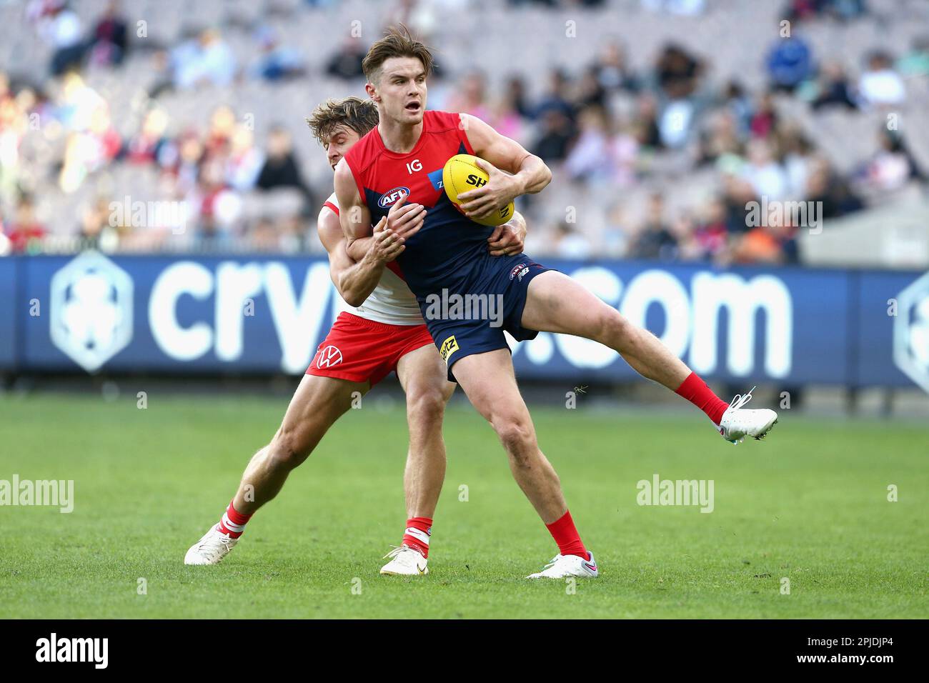 Bayley Fritsch of the Demons takes a mark during the AFL Round 3 match ...