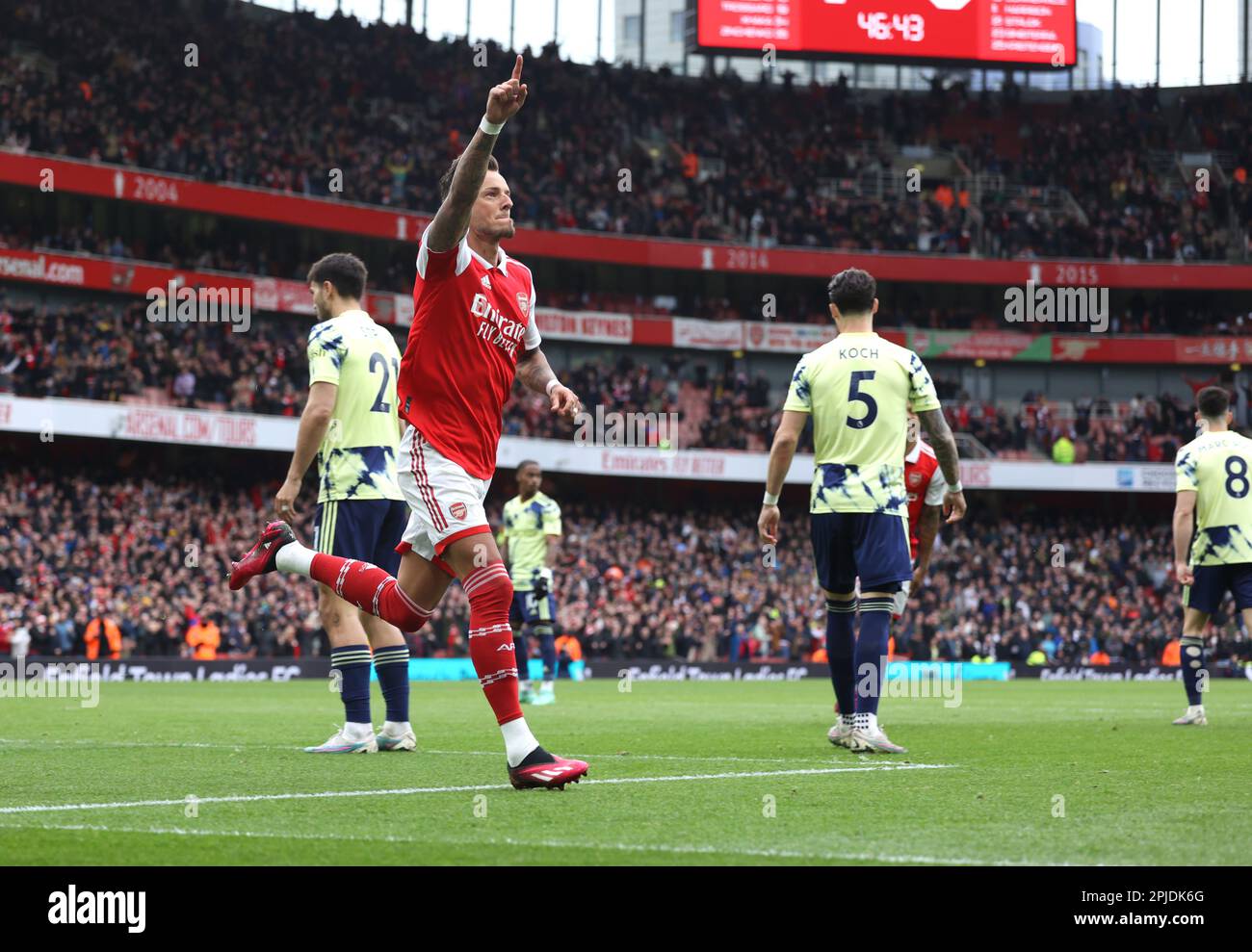 London, UK. 01st Apr, 2023. Ben White (A) celebrates scoring the second ... London, UK. 01st Apr, 2023. Ben White (A) celebrates scoring the second ...
