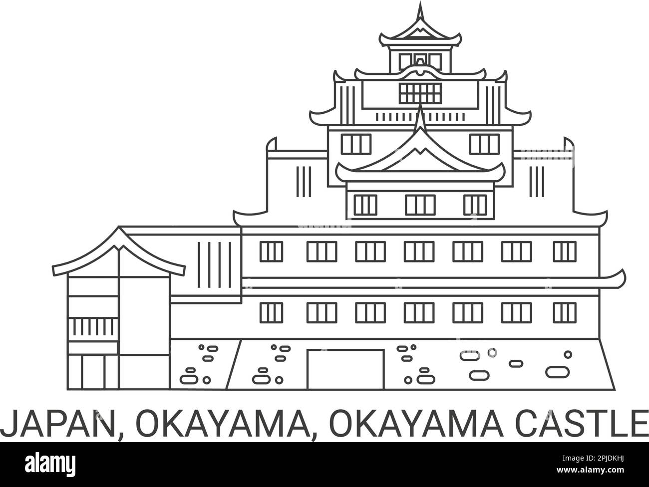 Japan, Okayama, Okayama Castle, travel landmark vector illustration ...