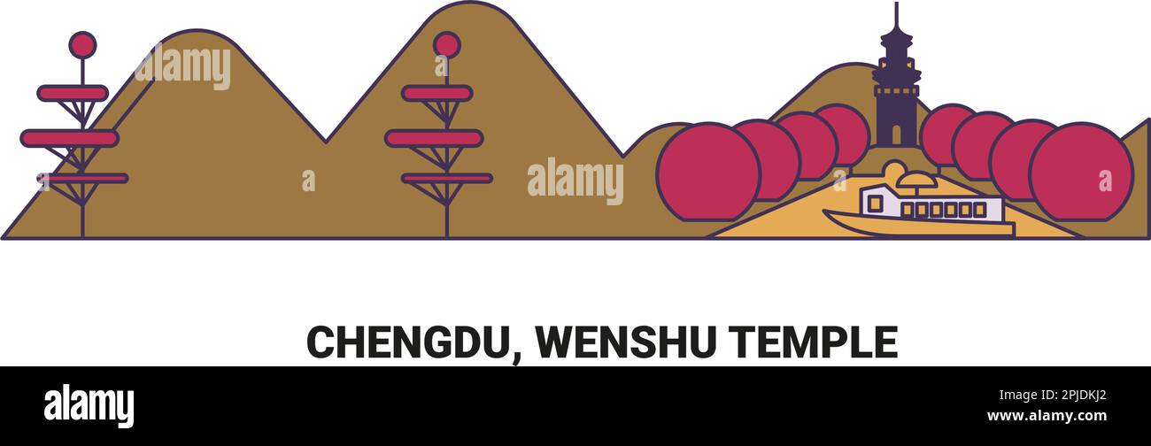 China, Chengdu, Wenshu Temple, travel landmark vector illustration ...