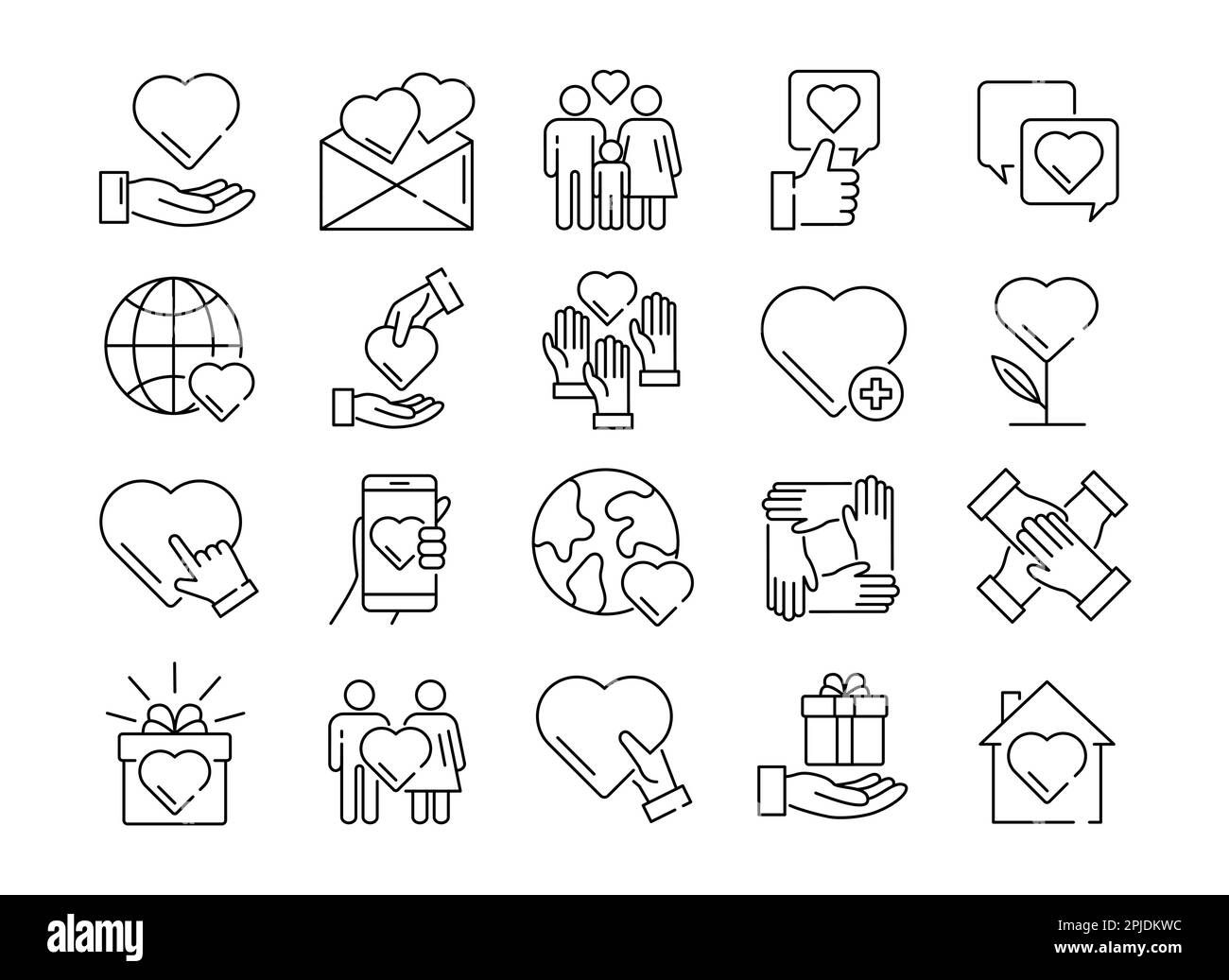 Support in relationships. Heart in hands. Outline icons. Community ...