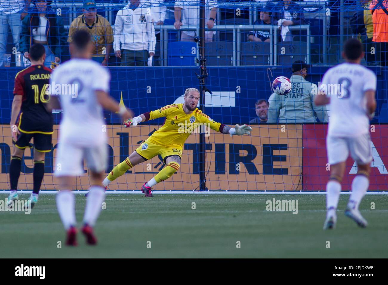 Seattle Sounders goalkeeper Stefan Frei (24) makes save against the LA ...