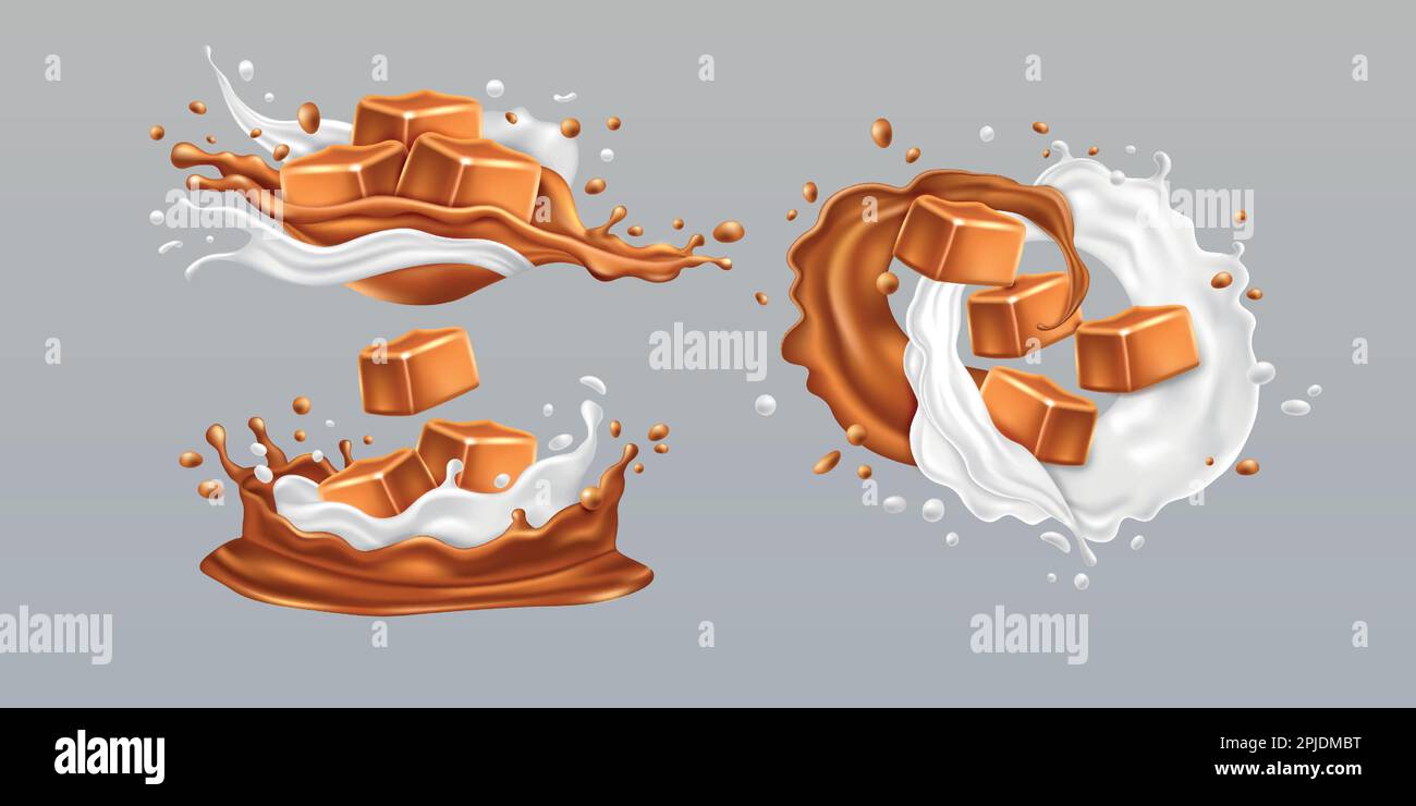 Caramel candy, toffee in milk splash. Yogurt swirl and drips, realistic ...