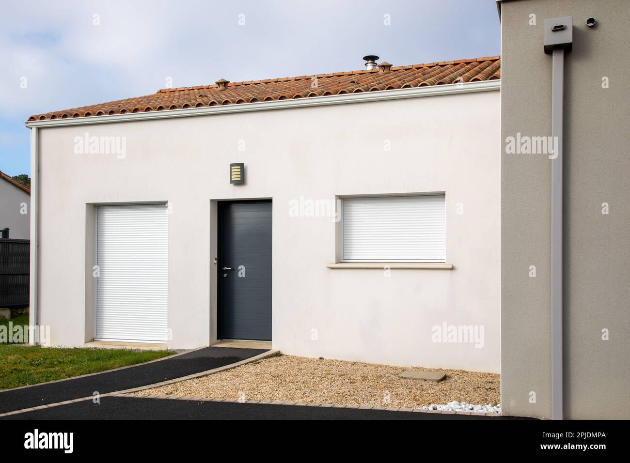 Modern home facade with entrance front door and closed windows shutter ...