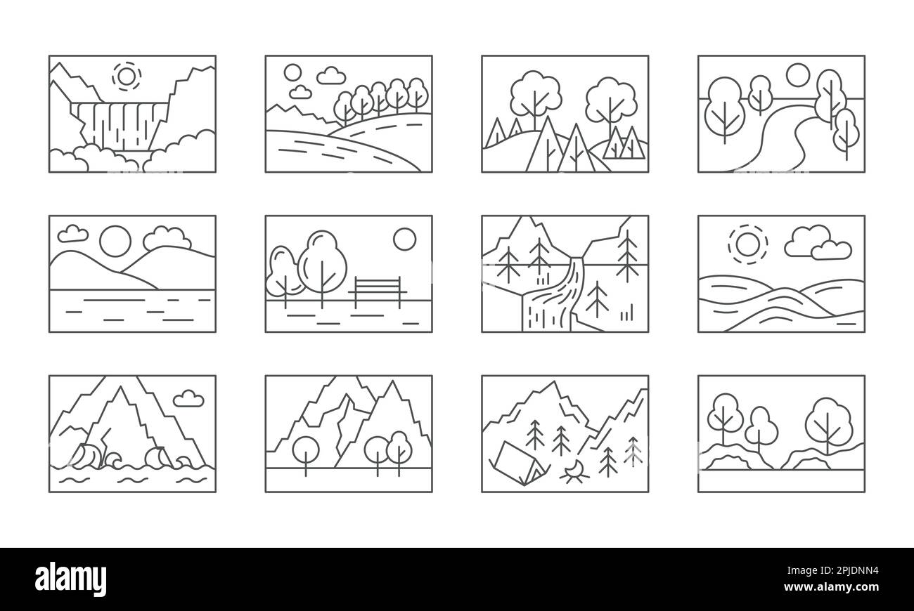 Landscape icon landscape. Outline mountain, meadow and desert. Nature ...