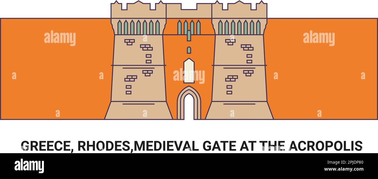 Greece, Rhodes,Medieval Gate At The Acropolis, travel landmark vector ...