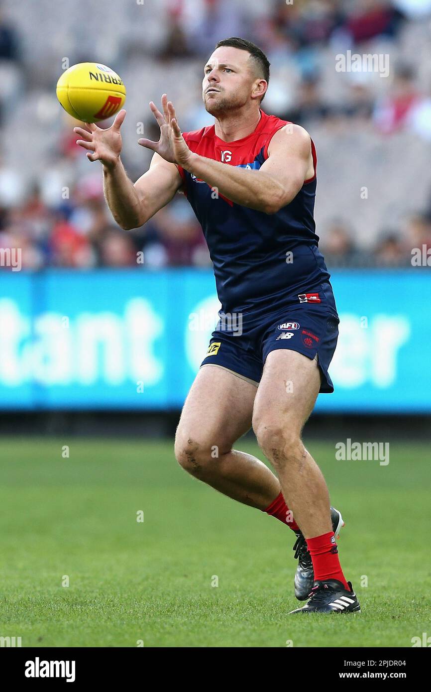 Steven May of the Demons attempts a mark during the AFL Round 3 match ...