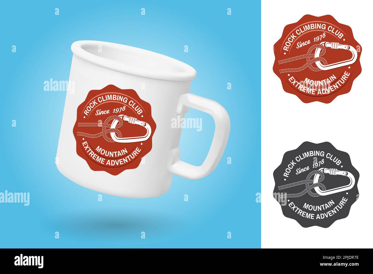 White camping cup. Realistic mug mockup template with sample design ...